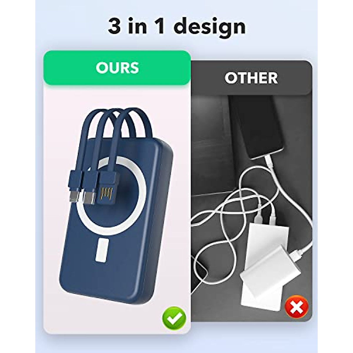 Wireless Portable Charger with Built in Cables,10000mAh Magnetic Power Bank Mini Battery Pack,4 Output 4 Input LED Display USB-C for iPhone 14/13/12/11/X Pro Max/Pro/Mini/Plus Android (Blue)