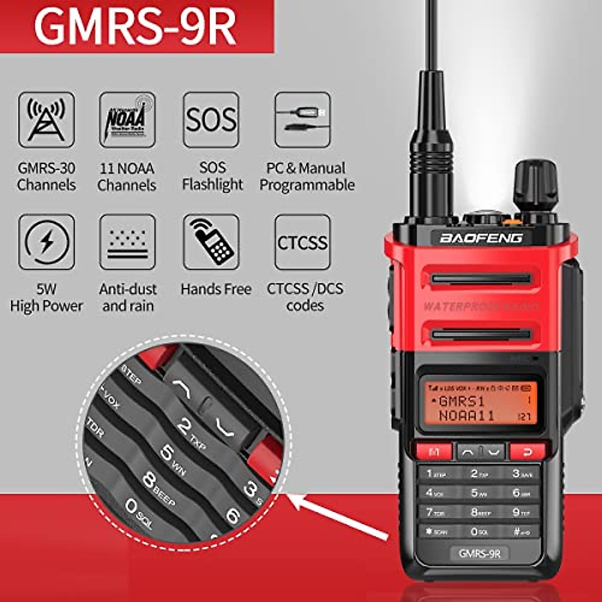 Baofeng GMRS Radio GMRS-9R Handheld Radio with NOAA Weather Scan,Waterproof IP67 Long Range Two Way Radios Rechargeable