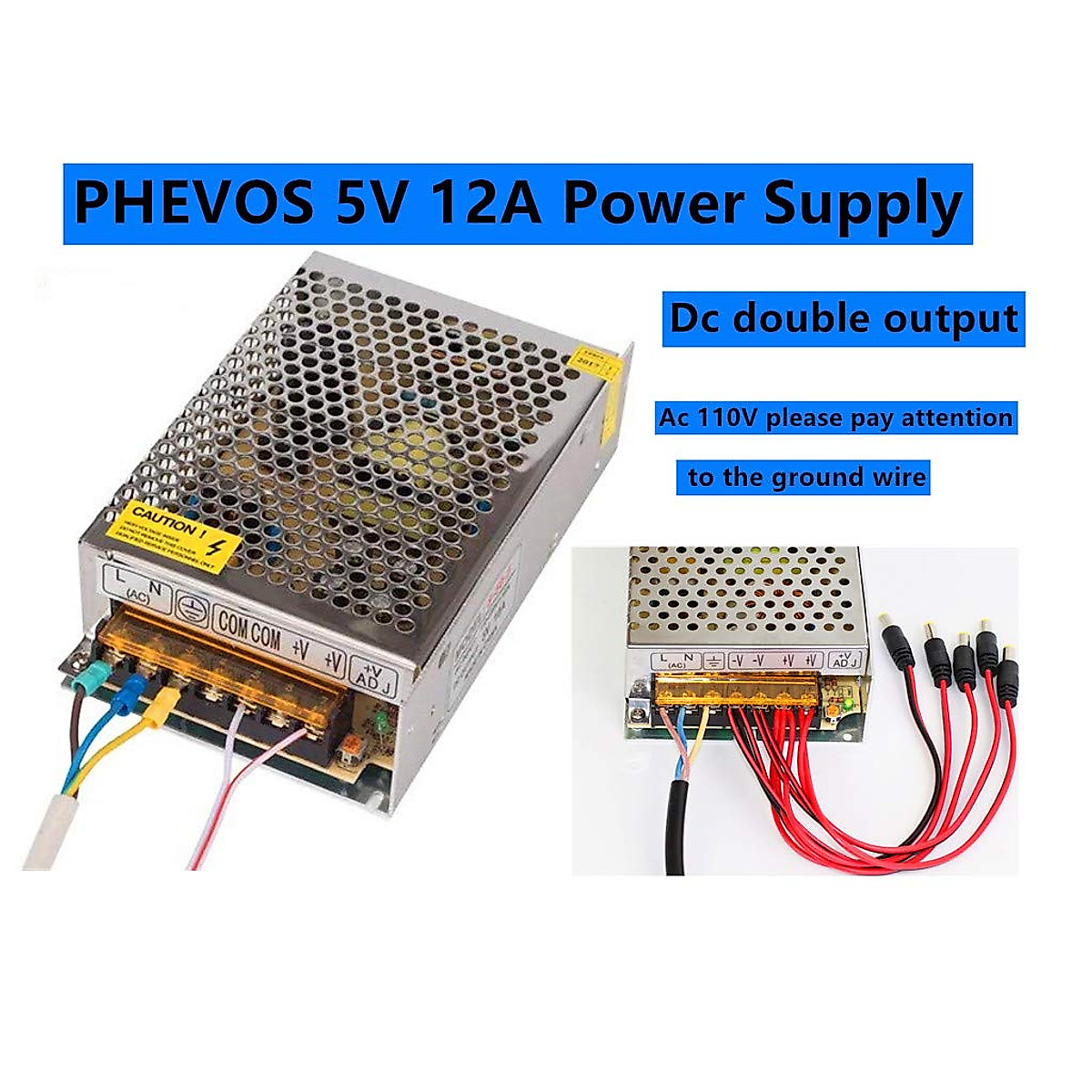 DC 5V 12A Power Supply, PHEVOS AC 110/120 to DC 5V Universal Switching Transformer Adapter for Raspberry PI Models, CCTV, Radio, Computer Project, LED Strips Pixel Lights