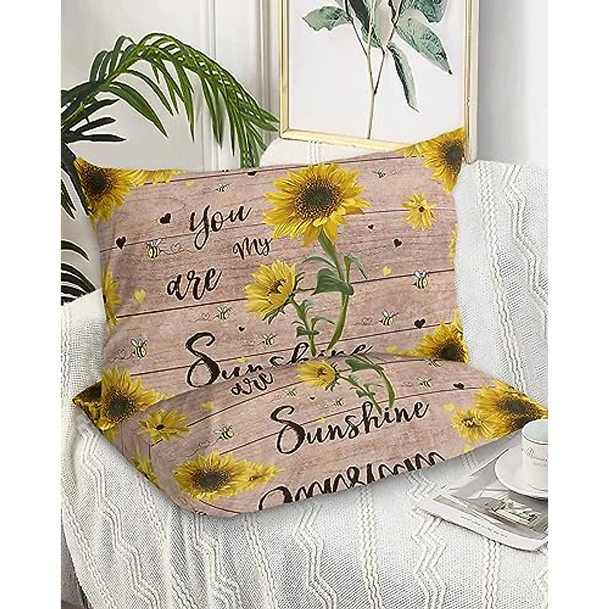 Edwiinsa Summer Sunflower Pillow Covers Standard Size Set of 2 20x26 Bed Pillow, Yellwo Spring Floral Bee Rustic Wood Plush Soft Comfort for Hair/Skin Cooling Pillowcases with Envelop Closure