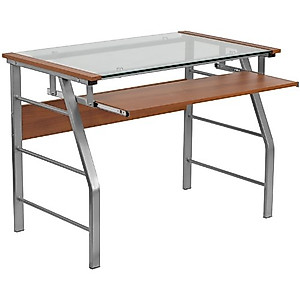 Flash Furniture Tremont Glass Computer Desk with Pull-Out Keyboard Tray and Bowed Front Frame, Clear/Silver, Set of 1