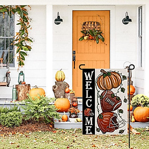 Fall Football Welcome Garden Flags 12x18 Inch Vertical Double Sided, Pumpkin Autumn Sports Game Day Sign Thanksgiving Seasonal Yard Outside Decor DF330