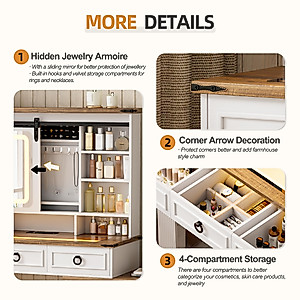 HNEBC Farmhouse Makeup Vanity Desk with Sliding Mirror and Lights,40" W Glass Tabletop Vanity Table with Charger,LED Vanity Set with Jewelry Armoire,6 Drawers,10 Shelves,Adjustable Cabinet