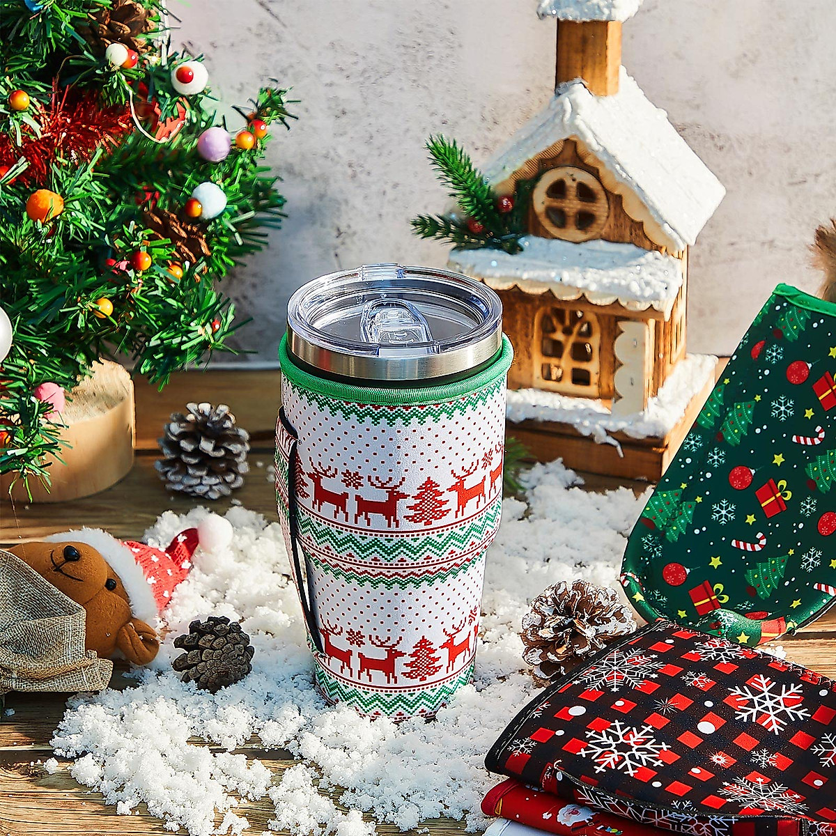 6 Pieces Reusable Iced Coffee Cup Sleeves Neoprene Sleeves Insulated Cup Cover Xmas Coffee Cup Sleeves Coffee Cup Covers for 30oz Coffee Beverage Milk Cold Hot Drinks (Snowman)