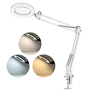 Magnifying LED Desk Lamp with clamp, 8X Magnifer Light 3 Color Modes 10 Dimmable Adjustable Swivel Arm