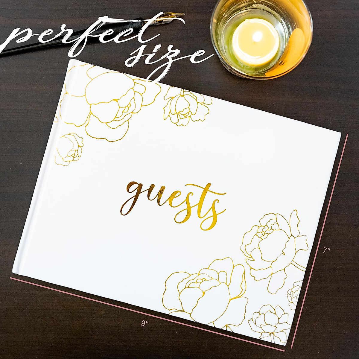 GSM Brands Wedding Guest Book, Simple Flower Bloom Line Art, 9 x 7 60 Lined Guestbook Pages, Elegant Gold Foil Embossed Design with Gold Page Edges