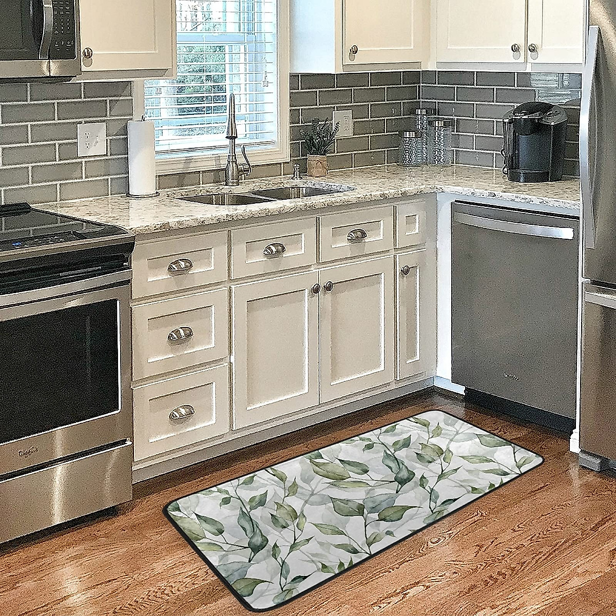 Green Leaves Tropical Plants Kitchen Rugs Floor Mat Anti Fatigue Kitchen Mats Non Skid Washable Bath Rug Runner Doormats Carpet Sink Mat Home Decor 39 X 20 inch