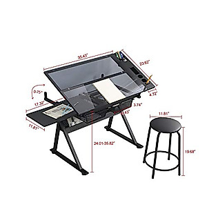 KAAYEE Premium Drawing Draft Table - Height Adjustable Draft Drawing Desk,Up to 72°Tiltable Glass top w/Stool and Drawers for Reading, Writing Art Craft Work Station