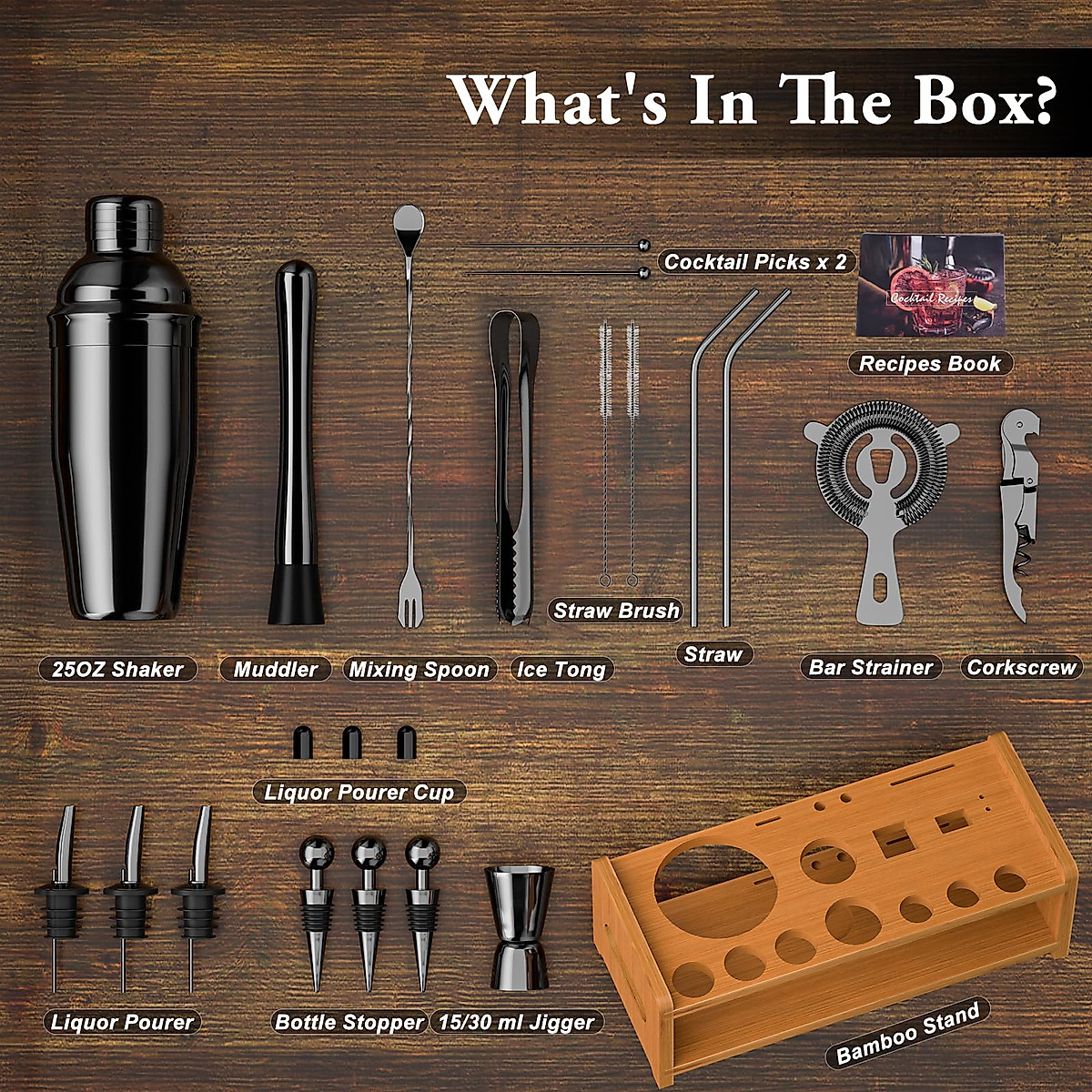 Vabaso Bartender Kit, 24pcs Bartending Kit Cocktail Shaker Set, 25oz Martini Shaker Bar Tools Set, Bar Accessories for The Home, Housewarming Father's Day