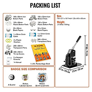 VEVOR Button Maker Machine, Multiple Sizes 1.25+2.25 Inch Badge Punch Press Kit, Children DIY Gifts Pin Maker, Button Making Supplies with 500pcs Button Parts & Circle Cutter & Magic Book