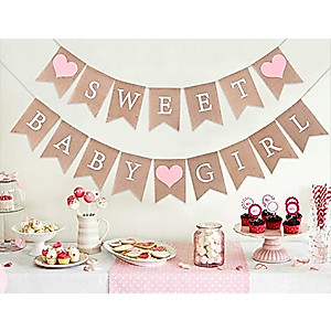 Sweet Baby Girl Burlap Banner - Sweet Baby Boy Shower Decorations, Rustic Baby Shower Decorations, Photo Decoration Props (Sweet Baby Girl Pink)