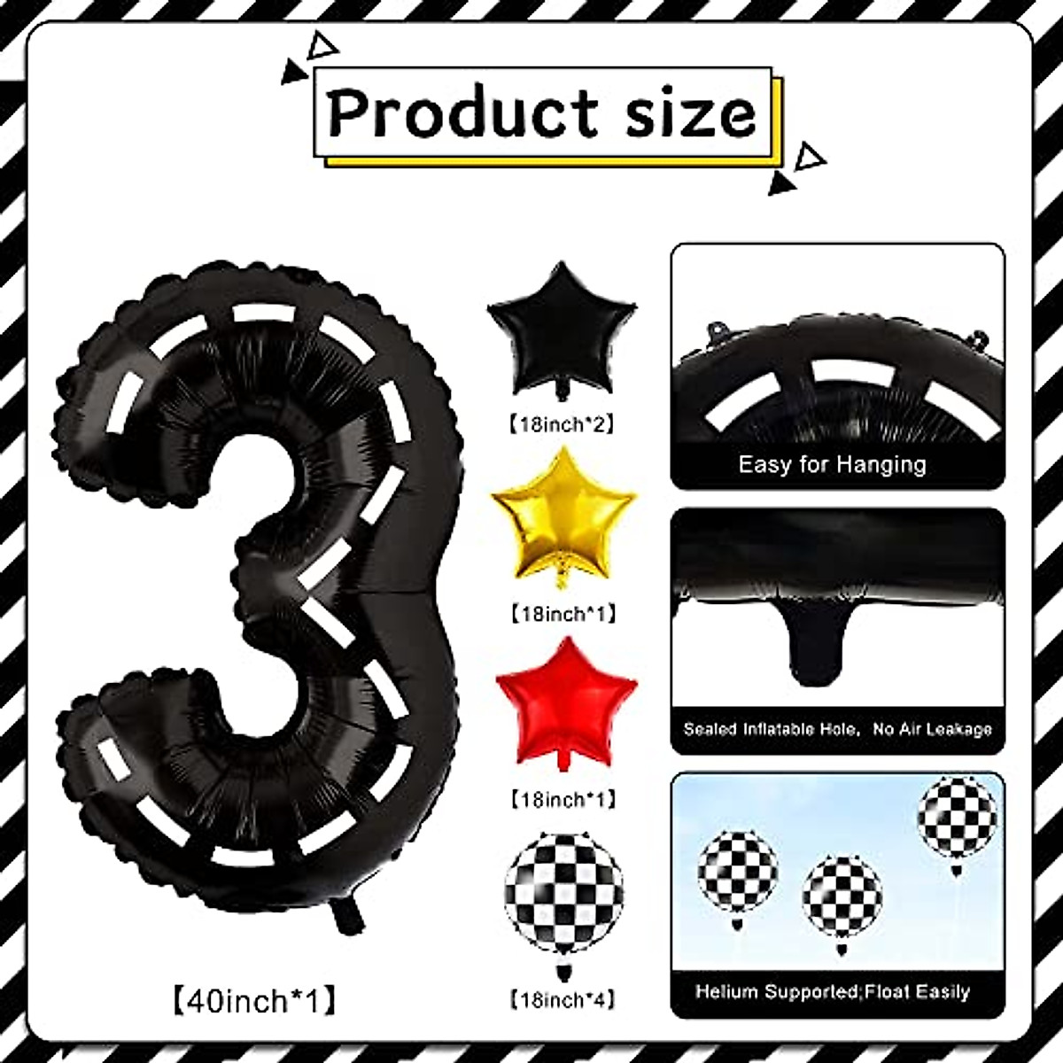 40Inch Race Car Balloons Race Car Theme Birthday Party Supplies Racing Number 3 Balloon Checkered Star Balloons 3rd Car Party Decorations for Boys Racing Truck Wheels Party Supplies Favor