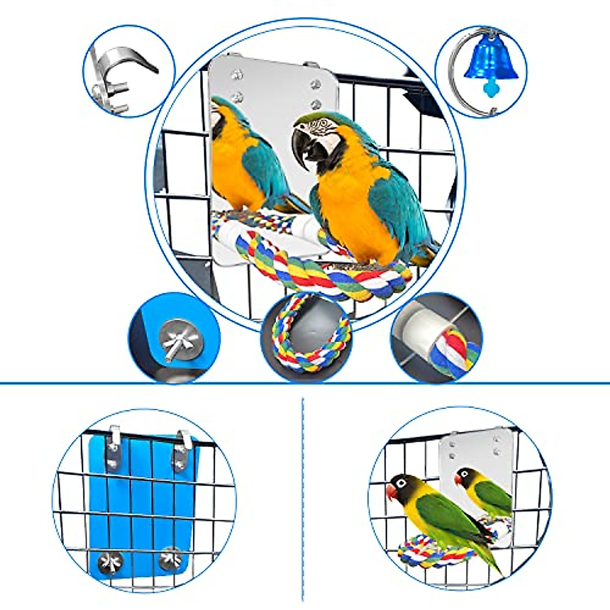 Eeaivnm 7 Inch Pet Bird Mirror Swing Parrot Cage Toys with Rope Perch, Parrot Parakeet Mirror with Bird Swing Bell Toys for Parakeet Cockatoo Cockatiel Conure Lovebirds Finch Canaries