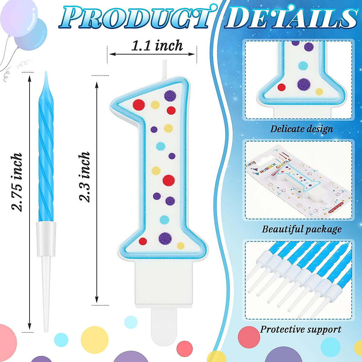 MTLEE Blue Number Candle with 10 Long Thin Cupcake Candle Happy Birthday Candles Boy Girl Number Candles for Birthday Cakes Number Birthday Cake Topper for Sweet Dots Party(Number 1)