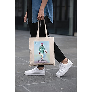 Pop Threads La Dama Woman Lady Loteria Card Mexican Bingo Black 15x15 inches Large Canvas Tote Bag