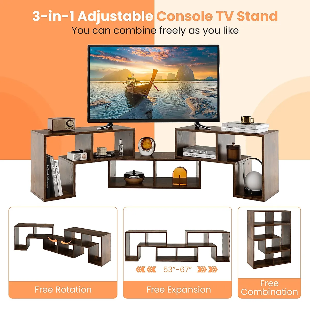 BUSHLY 3 Pieces Console TV Stand, Modern Multimedia Furniture for 50 55 60 65 Inch Flat Screen TV, DIY Open Storage Bookcase Shelf for Storage and Display, Suitable for Living Room Bedroom (Brown)