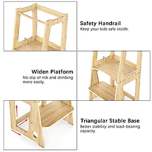 QLFJ-FurDec Kids Kitchen Step Stool with Safety Rail, 2 in 1 Convertible Wooden Toddler Learning Stool Helper Standing Tower for Kitchen Counter, Bathroom, Toilet(Natural)