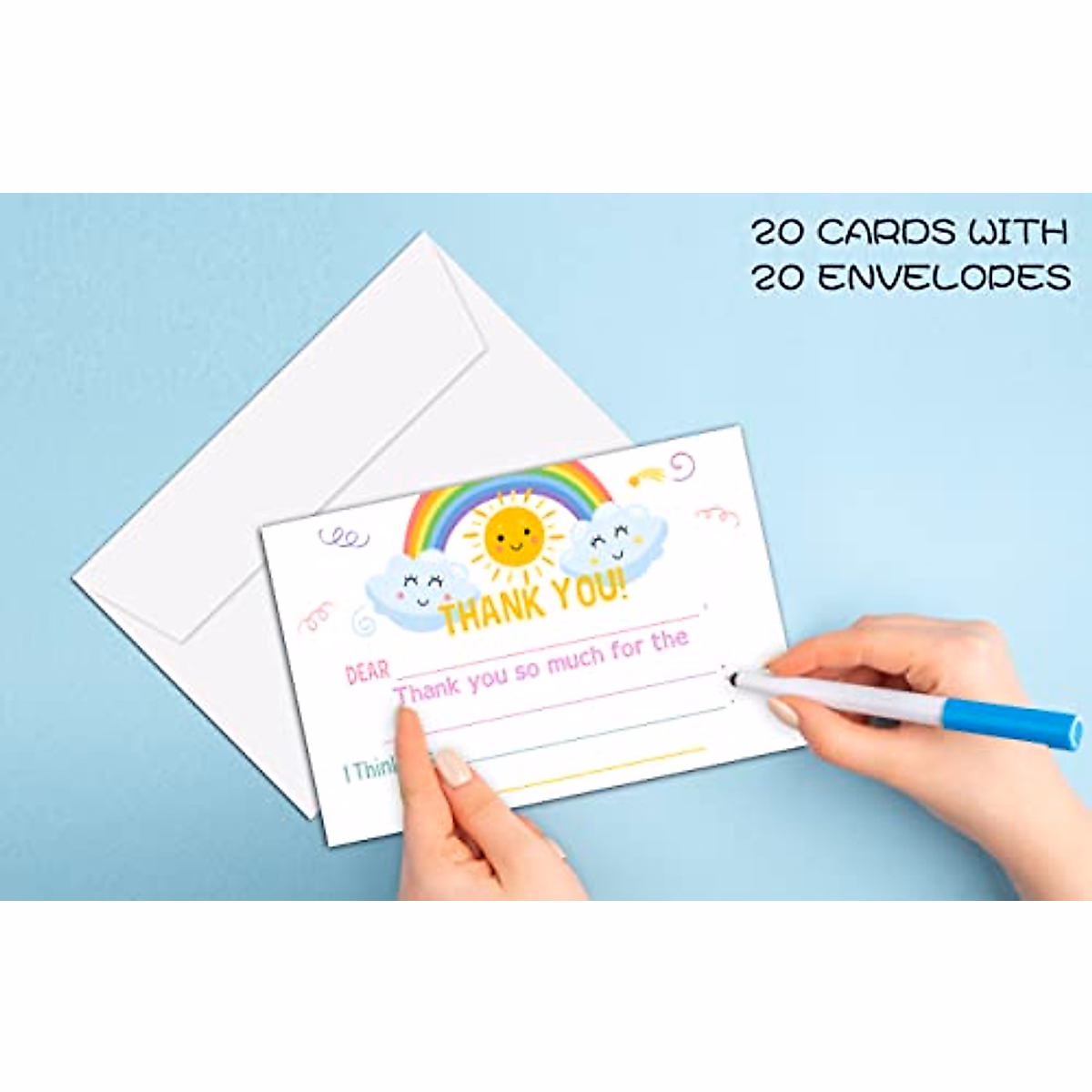 Keydaat Kids Fill in Thank You Card, Rainbow Colorful Birthday Party Thank You Notes for Boys Girls, 20 Cards With 20 Envelopes(A06)