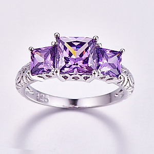 Psiroy 925 Sterling Silver Plated Princess Cut Simulated Amethyst 3 Stones Engagement Ring for Women Size 6