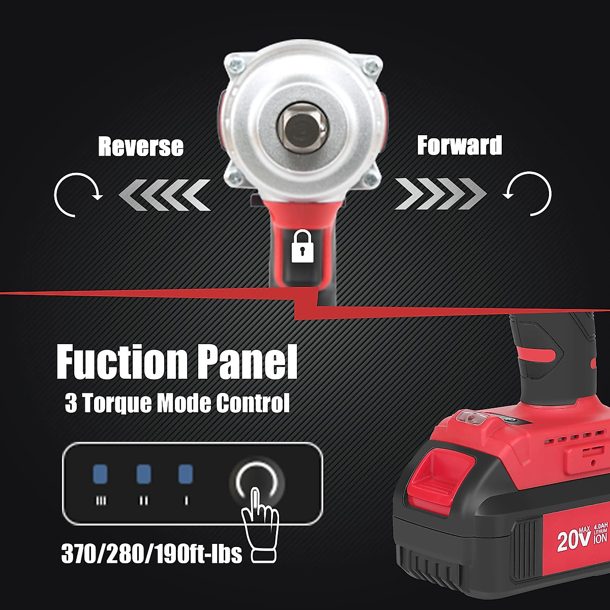 Excited Work 20V Brushless Impact Wrench with 1/2inch 4 Pcs Impact Wrench Socket Set，370 Ft-lbs(500Nm) High Torque，4.0Ah Li-ion Battery Tire Nut Removal Cordless Power Tool