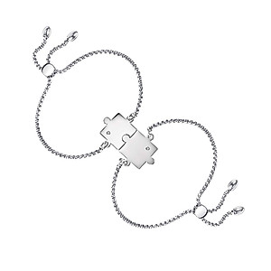 1 Pair Puzzle Piece Bracelets Matching Couples Stainless Steel CZ Crystals Stacking Adjustable Simple Link Dainty Charm Hypoallergenic for Him And Her Valentine's Day Fashion Gifts
