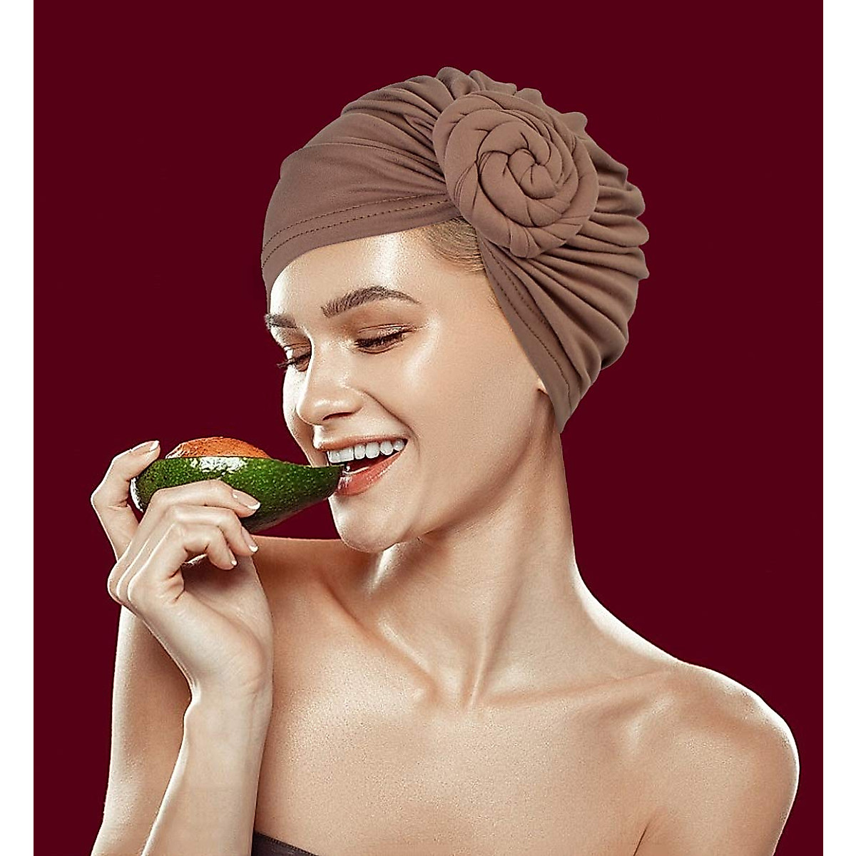 keland 3 Pieces African Pattern Women Turbans Hats Flower Knot Headwrap Pre-Tied Cap (Black&White&Camel)