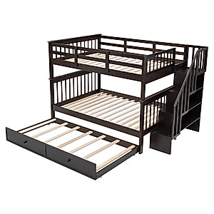 Bellemave Full Over Bunk Beds with Stairs and Trundle Wood Bed Frame Staircase Storage Shelves for Kids Teens Adult, Detachable Stairway Bunkbed Boys Girls, Espresso