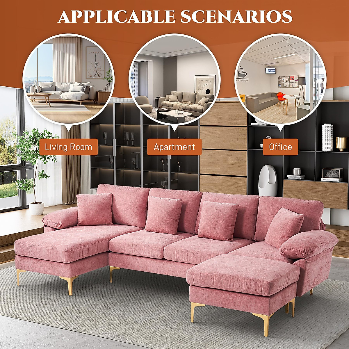 OUYESSIR U-Shaped Sectional Sofa for Living Room, 4 Seat Sofa Set Convertible L-Shaped Couch Set with Chaise Lounge, Ottoman and Pillows,114 inches, Light Pink Chenille