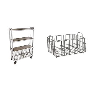 Atlantic System 4 Tier Cart-Wide Mobile Storage, Interchange Shelves and Baskets, Powder-Coated Steel Frame PN in White & Modular Cart System Wire Storage Basket