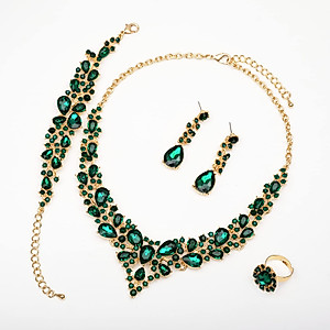 CSY 4 Pcs/Set Austrian Crystal Necklace Earrings Bracelet Ring Bridal Jewelry Sets for Brides Wedding Party Costume Accessories Gifts for Women (02-gold plated-green)