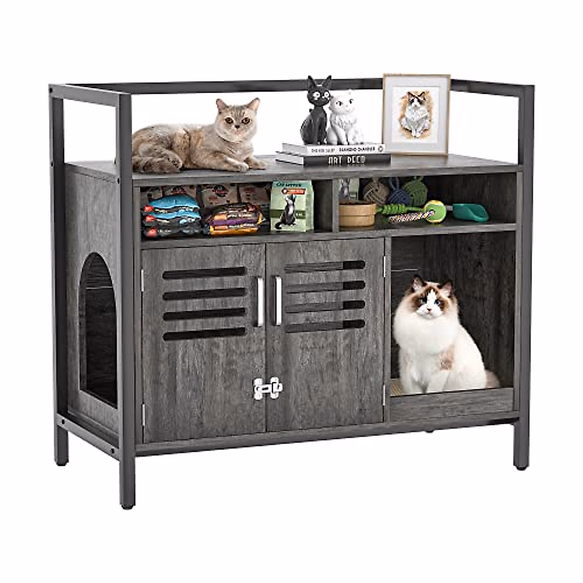 Homieasy Litter Box Enclosure, Cat Litter Box Furniture Hidden, Cat Washroom Cabinet with Lockable Louvered Door and Cat Scratch Pad, Black Oak