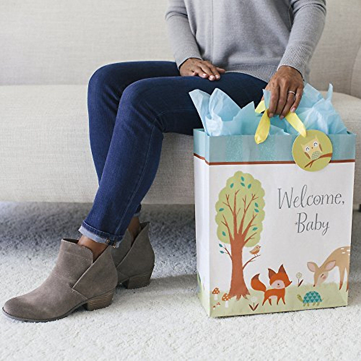 Hallmark 15" Extra Large Baby Gift Bag with Tissue Paper (Woodland Animals) for Baby Showers, New Parents and More