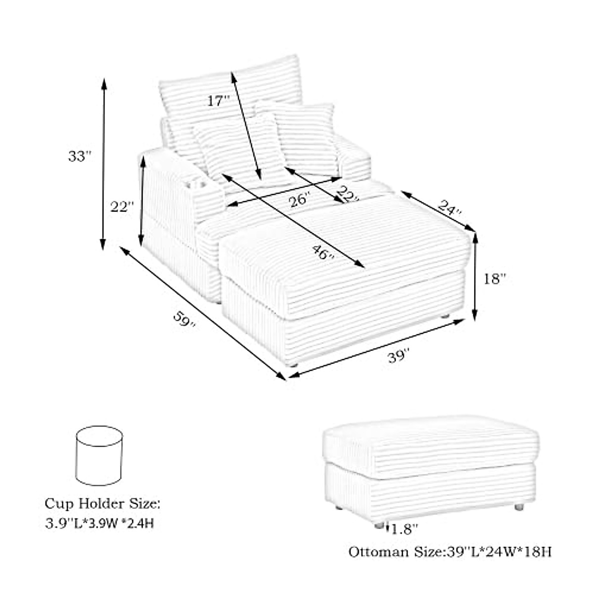 Oversized Single Sofa Cloud Couch Deep Seat Lounge Chaise with Movable Ottoman and Cupholder, Corduroy Upholstered Sleeper Armchair Daybed with Thicked Cushions and Throw Pillows for Living Room