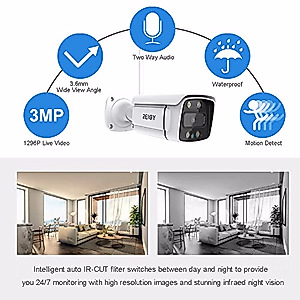 REIGY 3MP WiFi Security Camera System with Floodlight Without Hard Drive, 2K Outdoor Home Surveillance Set 8CH 5MP NVR + 4X 1296P IP Cam, 2-Way Audio Remote View Color Night Vision Motion Detection