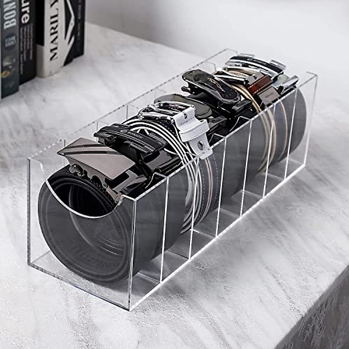 SefiHome Belt Storage Organizer, 7 Compartments Acrylic Belt Organizer, Clear Belt Holder for Closet, Belt Holder for Tie, Bow Tie, Wallets, Watches, Makeup, Jewelry