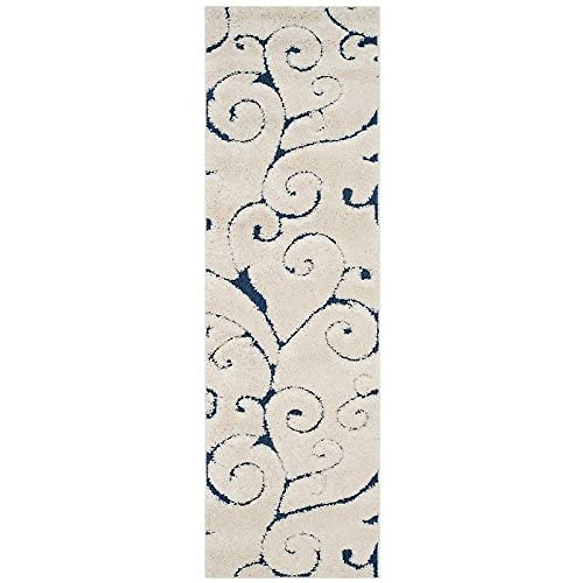 SAFAVIEH Florida Shag Collection Runner Rug - 2'3" x 7', Cream & Blue, Scroll Design, Non-Shedding & Easy Care, 1.2-inch Thick Ideal for High Traffic Areas in Living Room, Bedroom (SG455-1165)