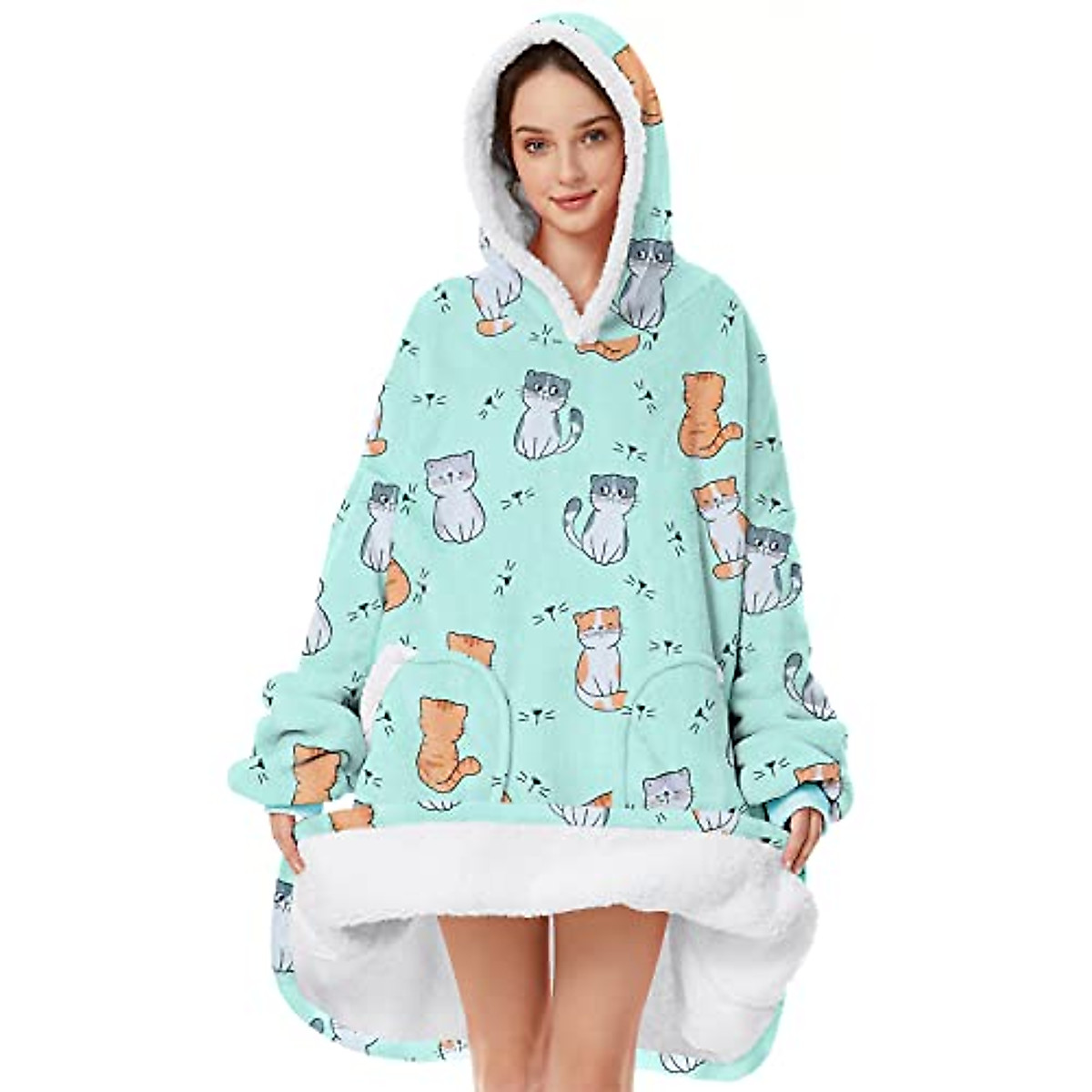 Durio Wearable Blanket Hoodie Cute Patterns Blanket Sweatshirt for Women Men Sherpa Fleece Hooded Blanket Hooded Sweatshirt Cat One Size