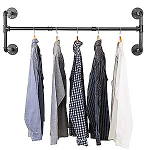 MyGift Wall Mounted Industrial Black Metal Clothes Rod Rack Hanging Garment Bar with Realistic Pipe Bar for Closet Storage and Retail Display