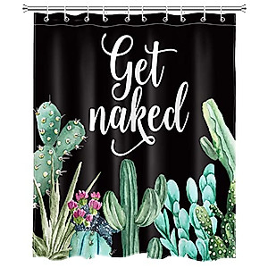 LB Sage Green Cactus Plant Shower Curtain Decor,Purple Flower and Succulent Botanical on Black Shower Curtains for Bathroom 60X72 inch Polyester Fabric Bathroom Decoration Bath Curtains Hooks Included