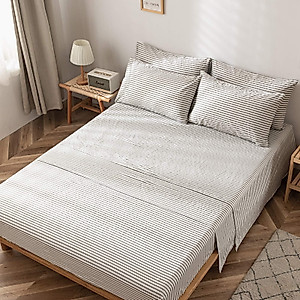 JELLYMONI 4-Piece Striped Cotton Sheet Set | Ultra-Soft, Brushed Bedding Sheets & Pillowcases | Wrinkle Free, Comfortable, All-Season Bed Sheets(Grey,Queen)