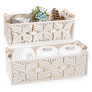 Macrame Storage Basket Boho Decor Bathroom Basket for Organizing, Woven Decorative Basket Toilet Basket Tank Topper for Bathroom Decor Bedroom Nursery Living Room Entryway (Set of 2, Ivory)
