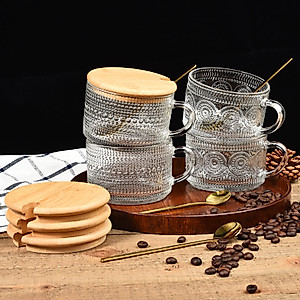 TIMIFTE Vintage Coffee Mugs Set of 4 Embossed Tea Cups, Overnight Oats Containers with Bamboo Lids and Spoons, 14oz Glass Coffee Cups for Cappuccino, Latte, Cereal, Yogurt, Beverage, Clear