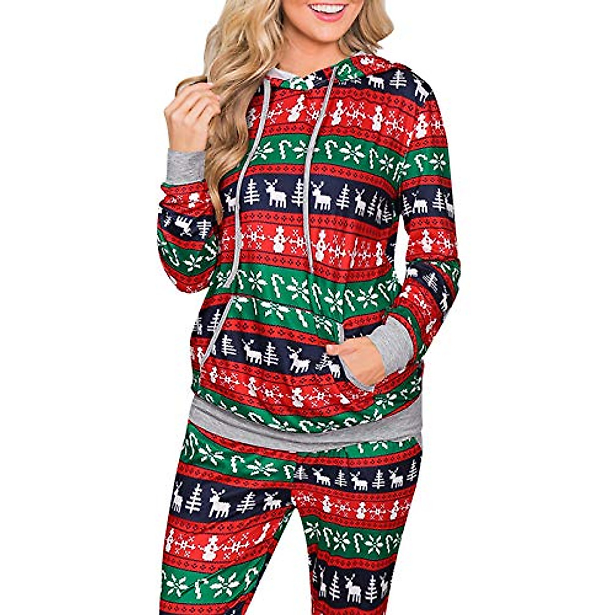VNVNE Christmas Pajamas for Womens, Casual 2 Piece Pajama Set Print Long Sleeve Top & Pants Sleepwear Pjs Sets (Green Stripe, XL)
