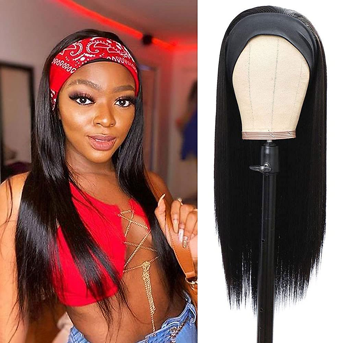 G&T Headband Wig for Women Black Straight Synthetic Headband Wig Glueless Heat Resistant Natutal Looking for Daily Party Use 24 Inch
