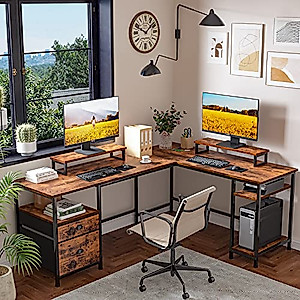 Furologee 66" L Shaped Computer Desk with Shelves, Printer Stand with Power Outlet for Home Office, Rustic Brown