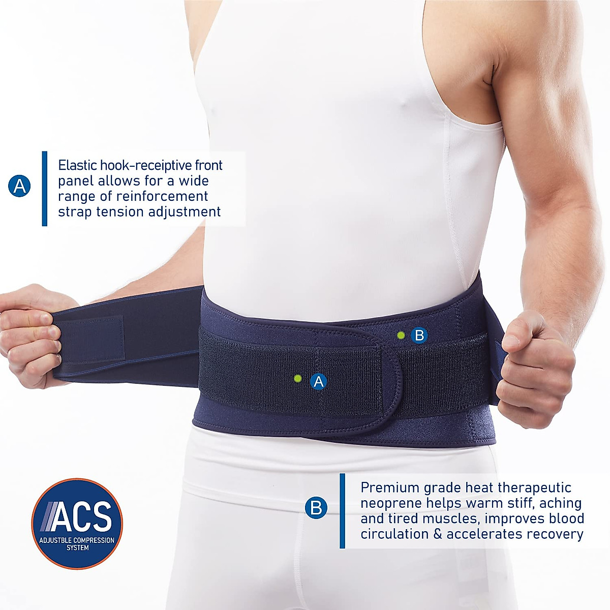 Comforband Adjustable Back Support Brace with Power Straps for Men and Women - Relief from Lower Back Pain, Strains, Arthritis, Herniated Disc, Sciatica, Scoliosis, Injury Recovery, Rehabilitation – Firm back support with Adjustable Compression (Navy, Reg