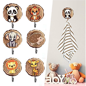 Vamotto Wooden Animal Wall Hooks, 6-Pack Self Adhesive Coat Hooks Hanging Wall Mounted Hooks for Coats, Towels, Hats,Backpack, Robe, Purse,Decorative Farmhouse