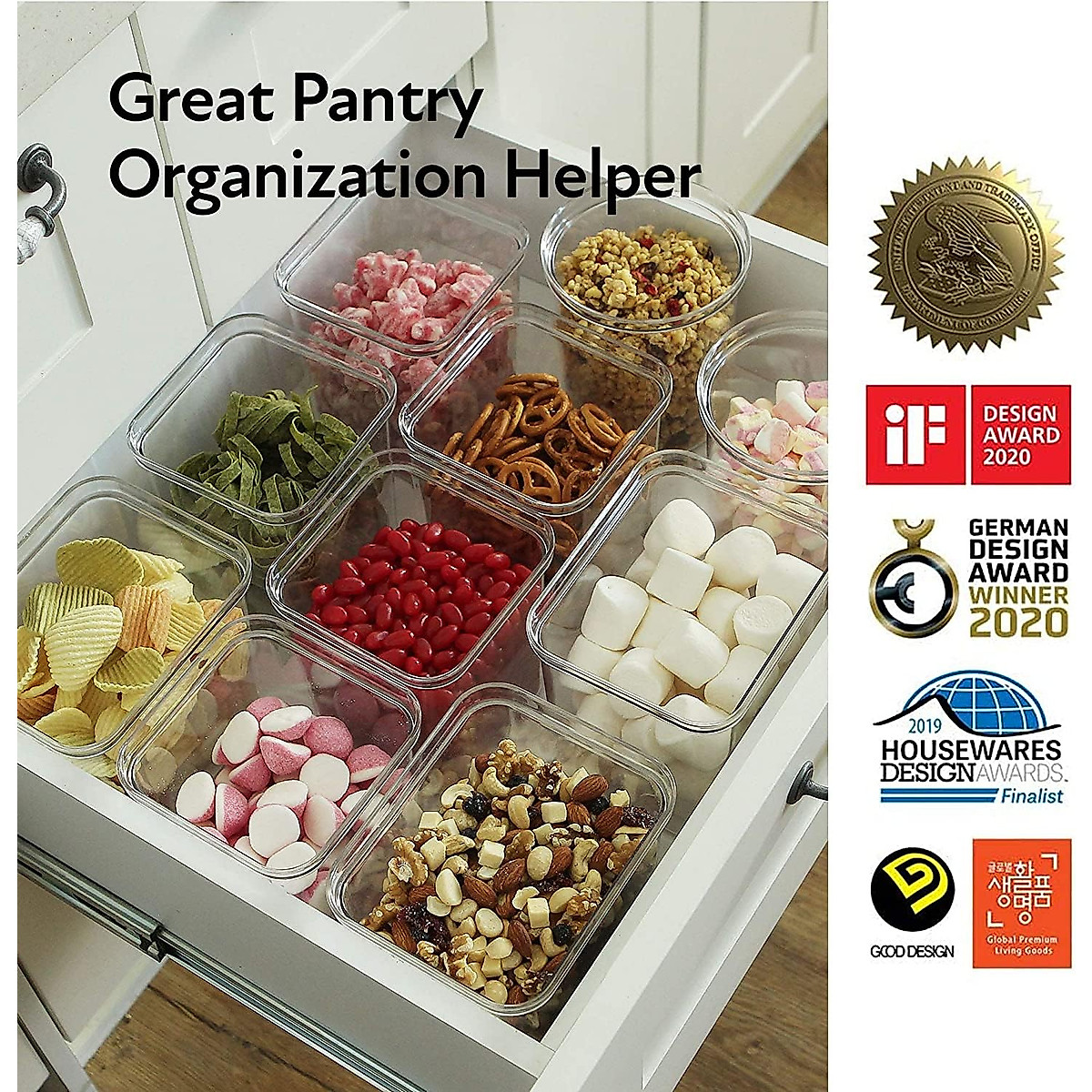 Kitchen Pantry Airtight Smart Seal Dry Food Storage with Lid, Modular, Stackable, Square, Clear Canister for Cereal, Sugar, Flour, Snack, Coffee, Pasta Container (8 Set, Black Lid)