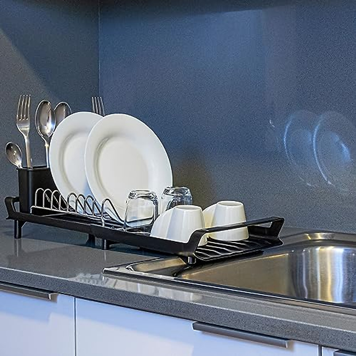 Erreke Small Dish Drying Rack, Compact Dish Drying Rack, Small Dish Rack, Drains into Sink, Non-Slip Feet, Expandable Adjustable Size 11x8 inches (Black)