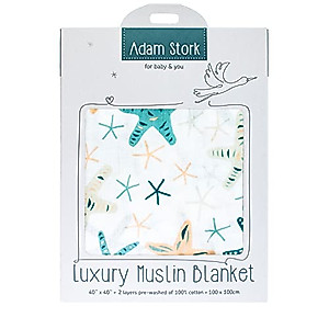 Swaddle Blanket Neutral 100% Cotton Luxury Muslin for Newborns Baby Girls and Boys Blue Beige Starfish